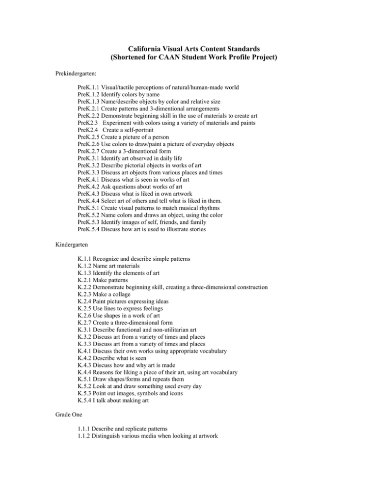 California Visual Arts Content Standards