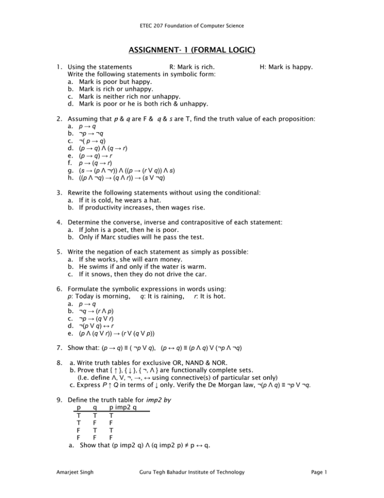 ASSIGNMENT 1 FORMAL LOGIC ASSIGNMENT 1 FORMAL LOGIC