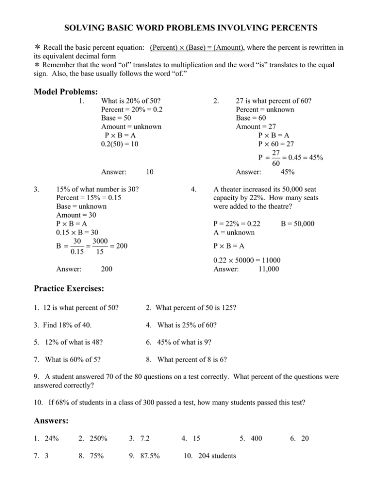 SOLVING BASIC WORD PROBLEMS INVOLVING PERCENTS