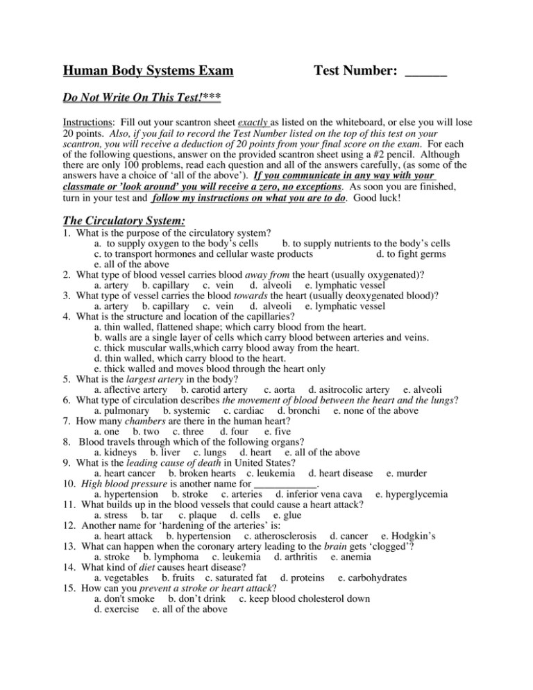Human Body Systems Exam Test Number Human Body Systems Exam Test Number