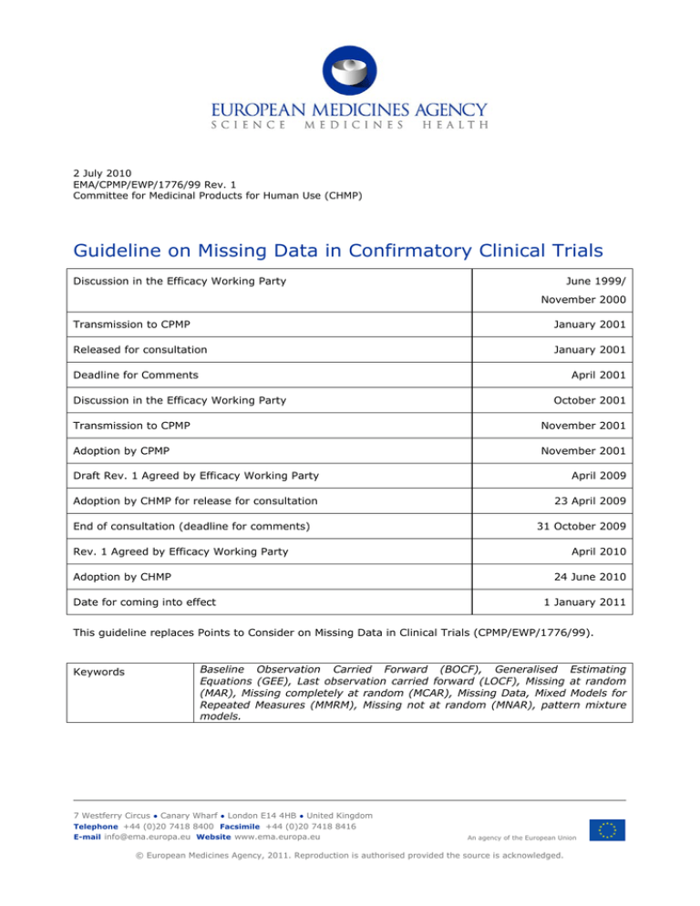 Guideline On Missing Data In Confirmatory Clinical Trials