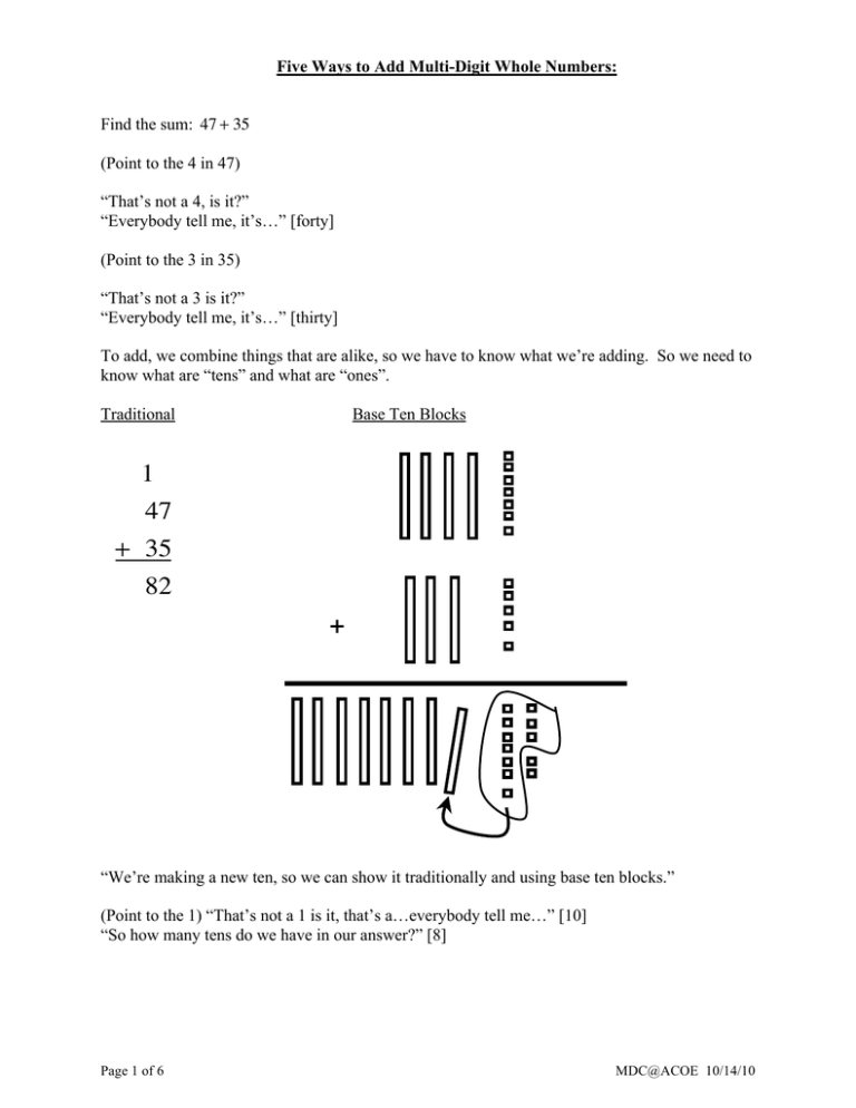 Five Ways To Add Multi Digit Whole Numbers Find The Sum 47 35