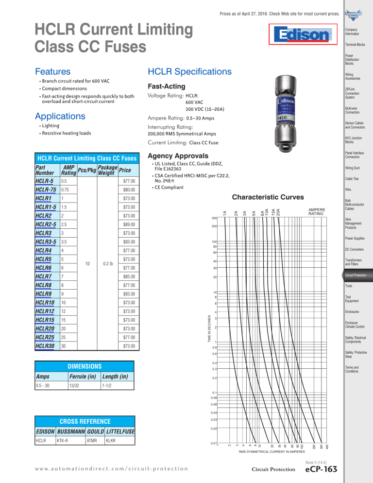 Class CC HCLR Current Limiting Fuses Class CC HCLR Current Limiting Fuses