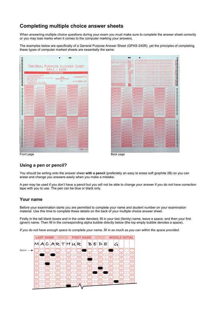 Completing Multiple Choice Answer Sheets