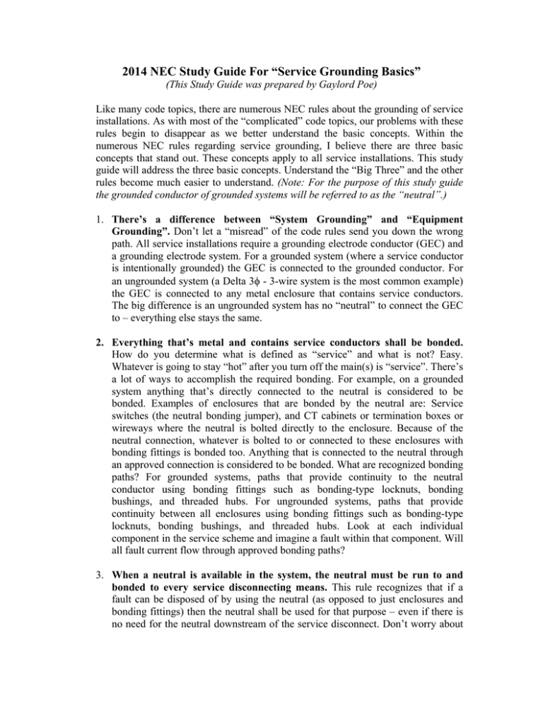 2014 NEC Study Guide For “Service Grounding Basics”