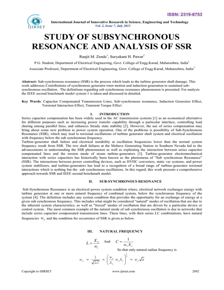 study of subsynchronous resonance and analysis of ssr study of subsynchronous resonance and analysis of ssr