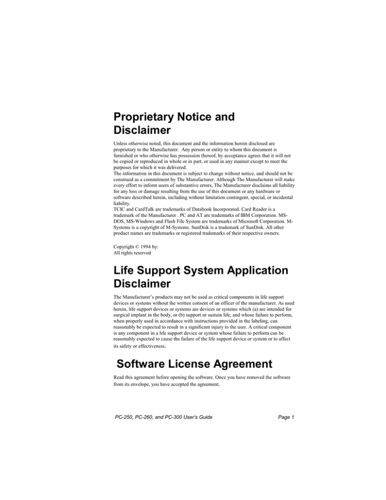 Proprietary Notice and Disclaimer Life Support System Application