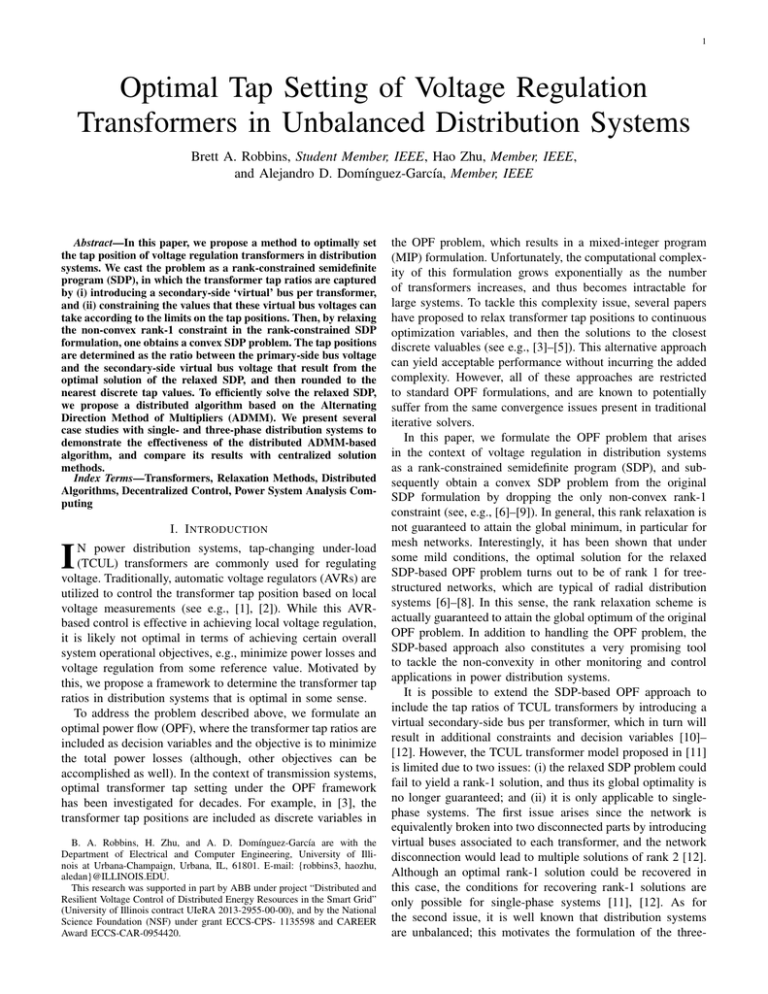 Optimal Tap Setting of Voltage Regulation Transformers