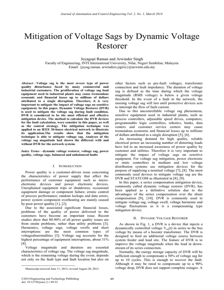 Mitigation of Voltage Sags by Dynamic Voltage Restorer