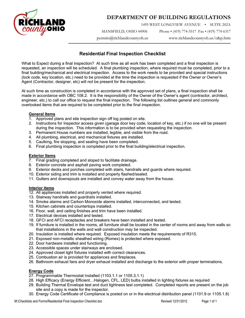Residential Final Inspection Checklist Residential Final Inspection Checklist