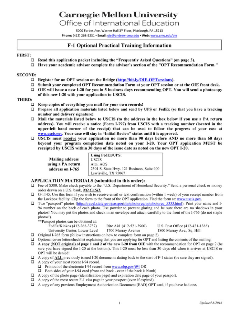 F 1 Optional Practical Training Information