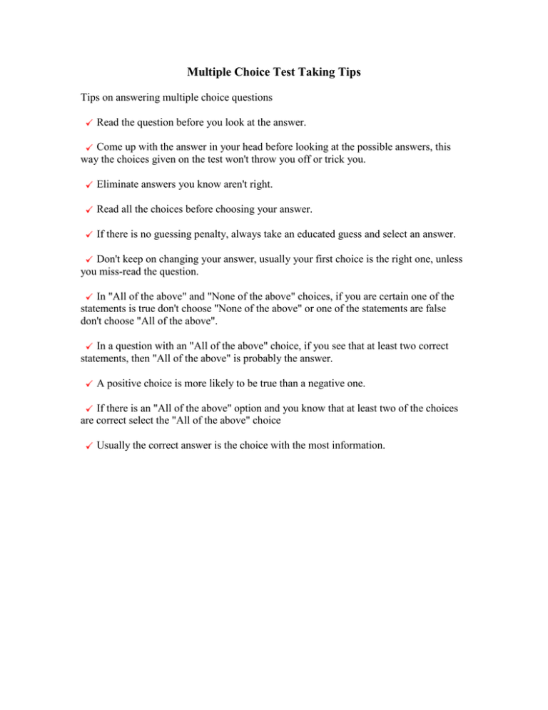 Multiple Choice Test Taking Tips