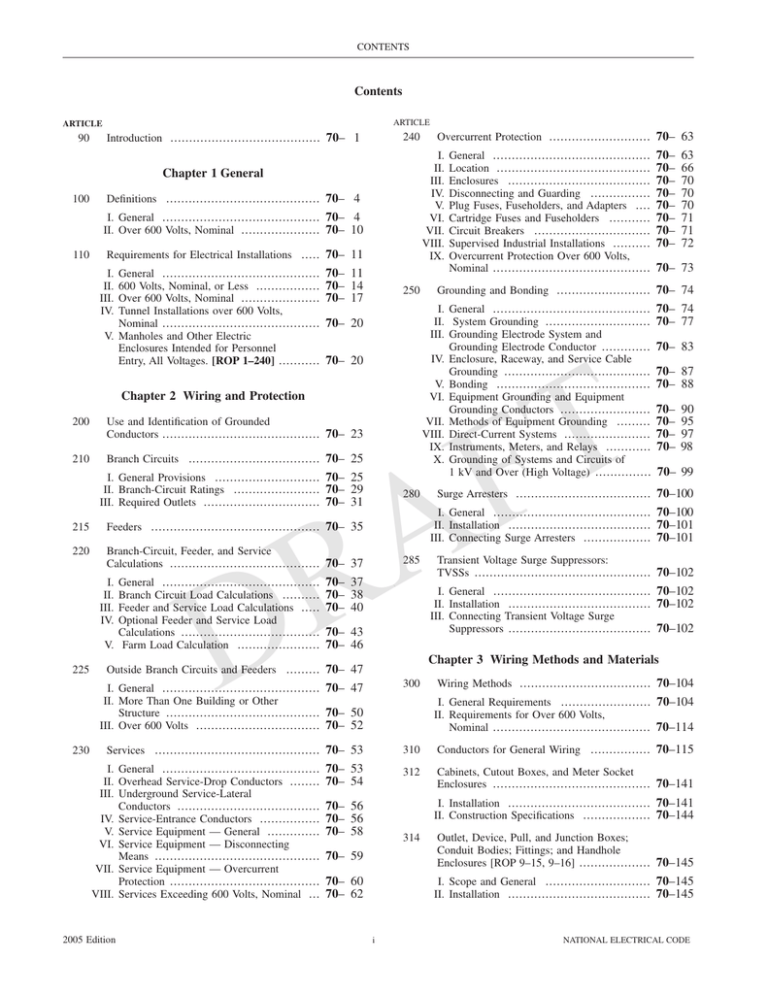 National Electrical Code (NEC) Table of Contents