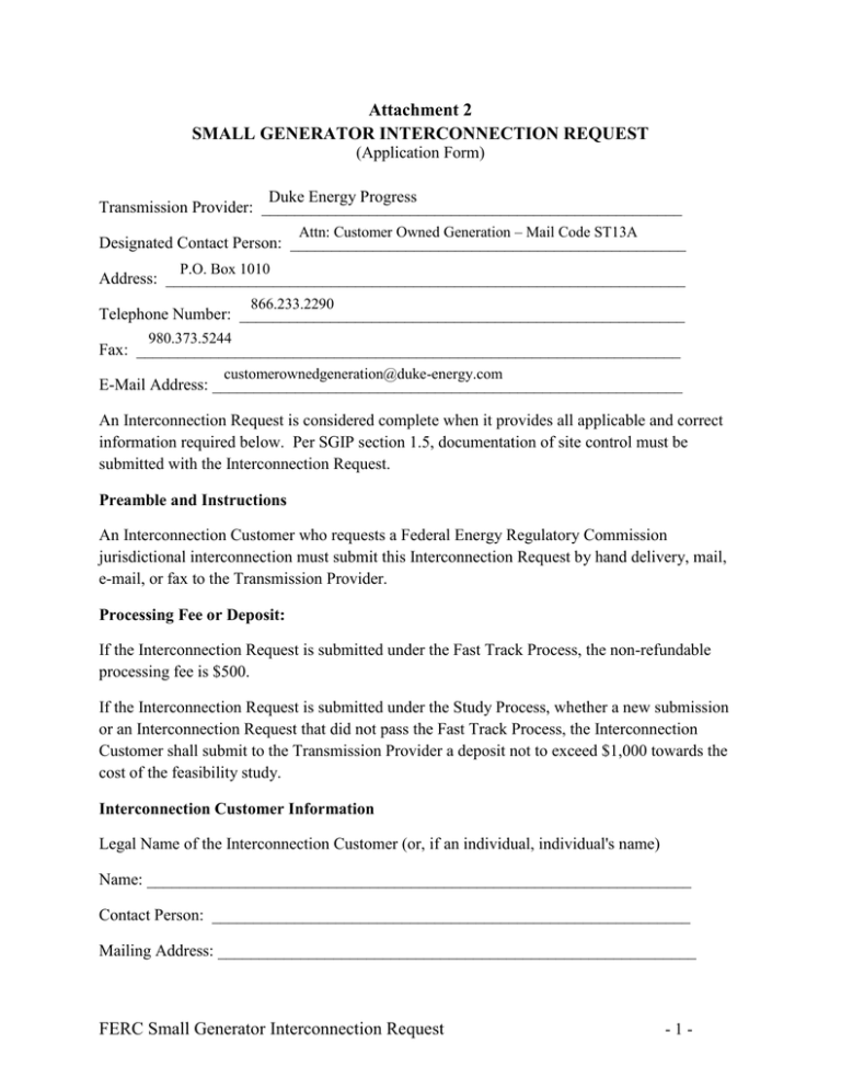 FERC Small Generator Interconnection Request