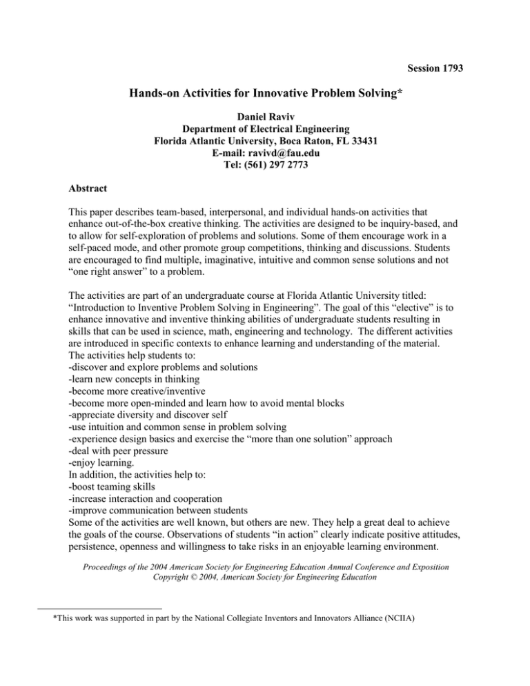 Hands on Activities For Innovative Problem Solving Hands on Activities For Innovative Problem Solving