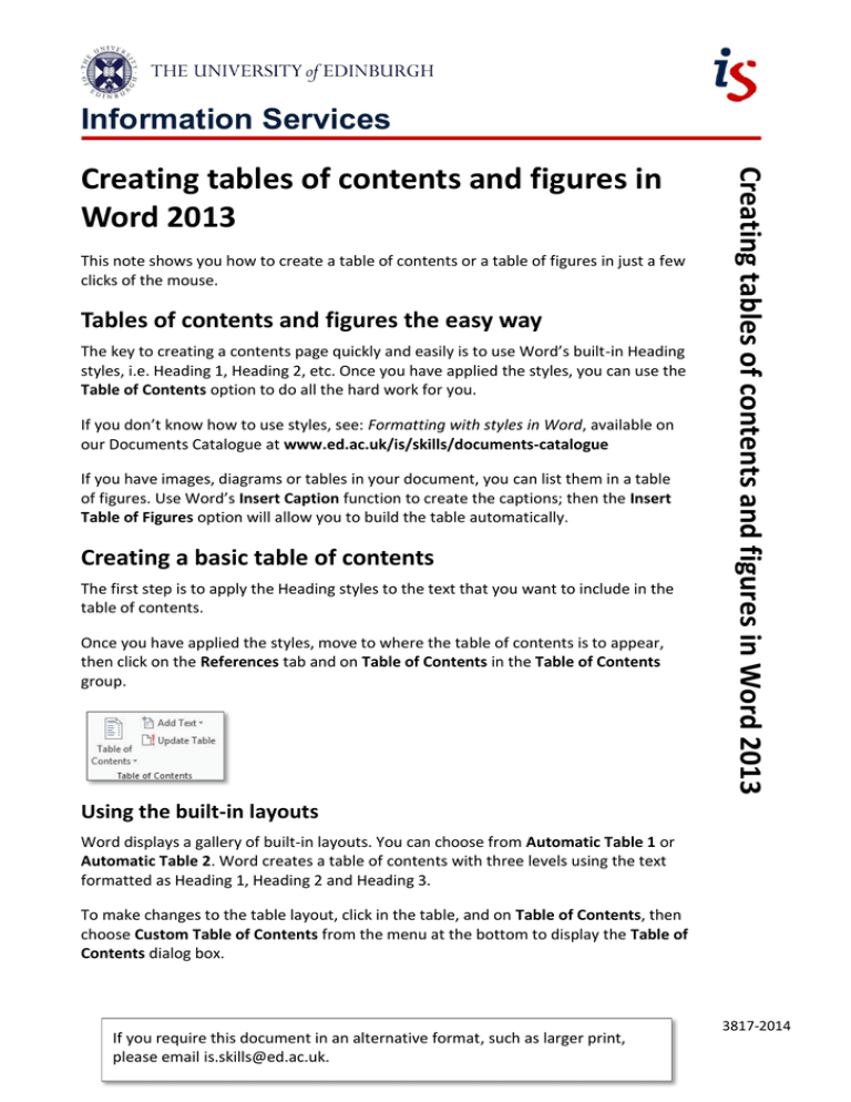 Creating Tables Of Contents And Figures In Word 2013