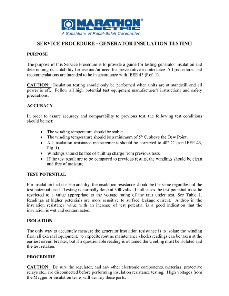 Service Procedure Generator Insulation Testing