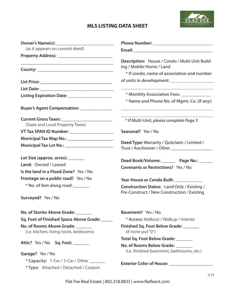 Mls Listing Data Sheet Mls Listing Data Sheet