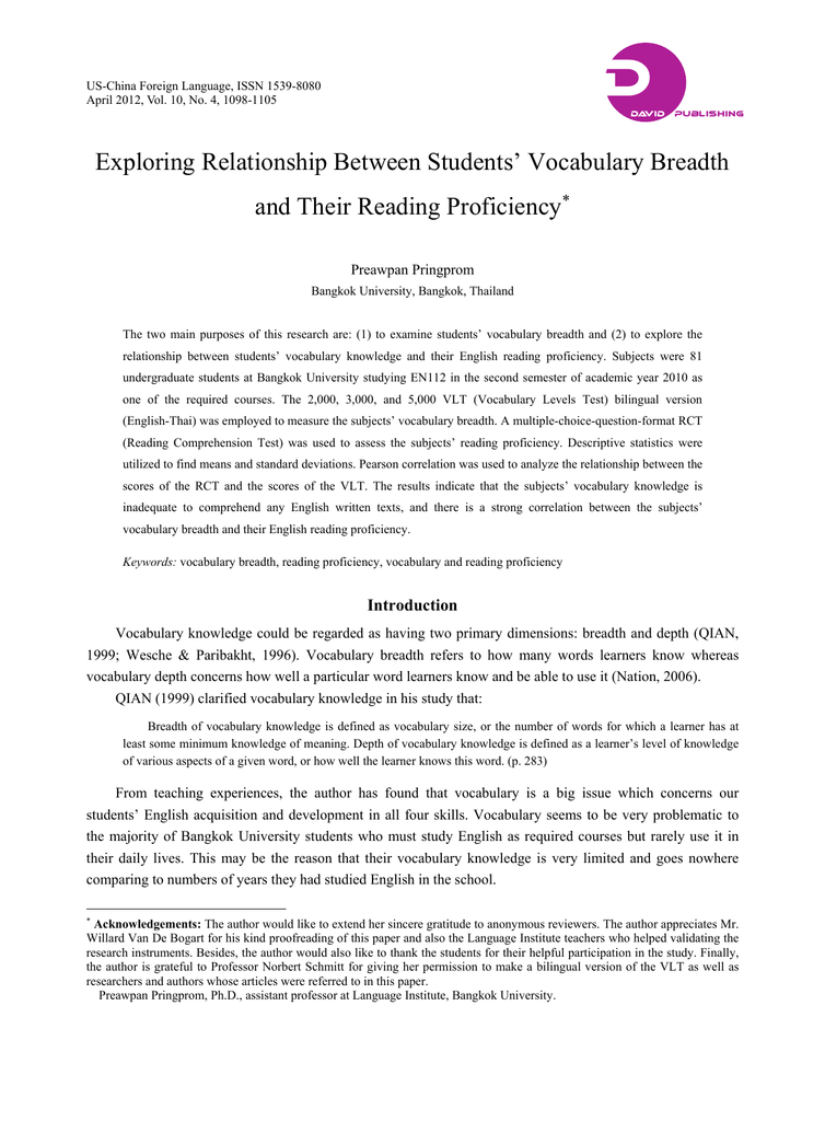 Exploring Relationship Between Students` Vocabulary Breadth and Exploring Relationship Between Students` Vocabulary Breadth and
