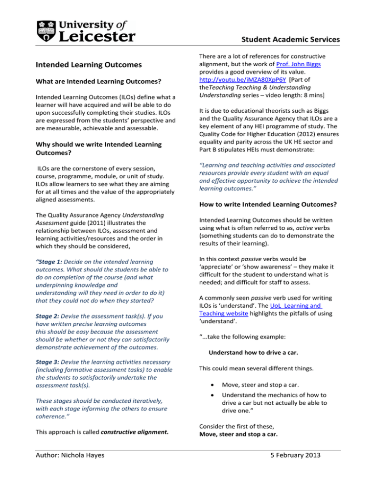 Student Academic Services Intended Learning Outcomes
