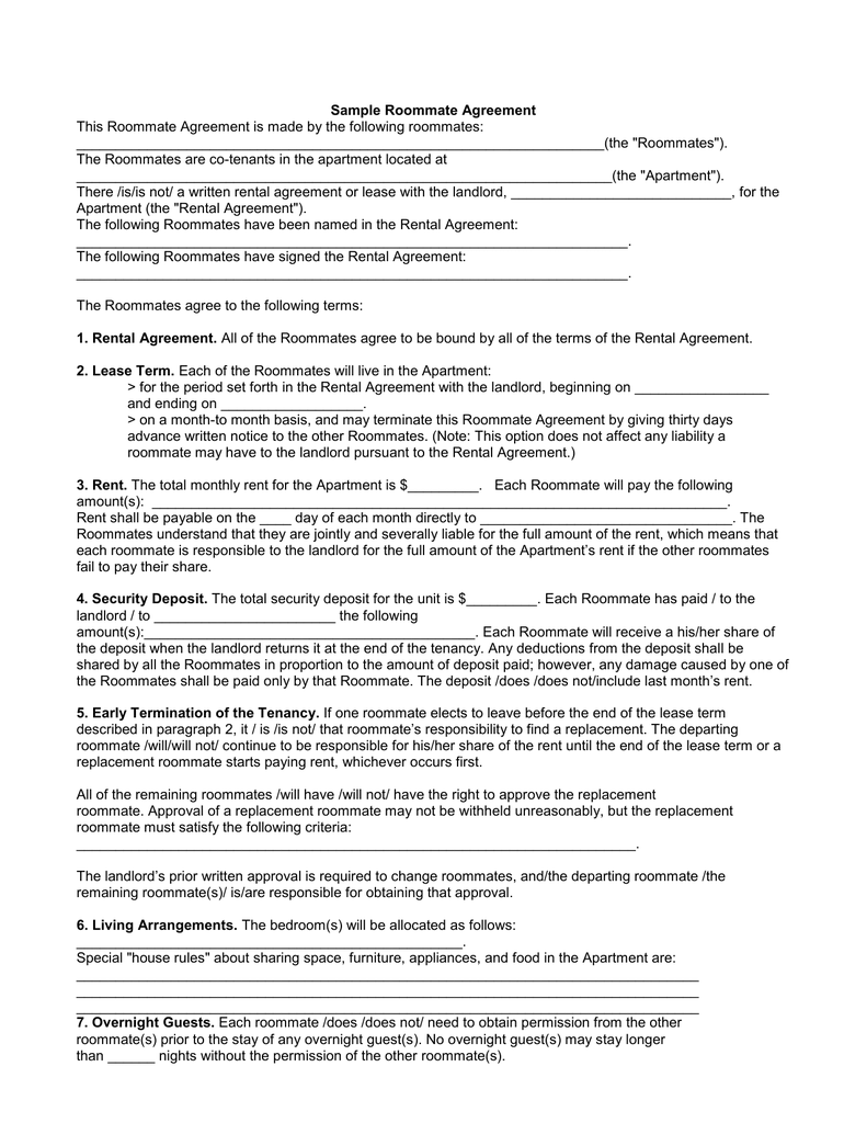 Sample Roommate Agreement