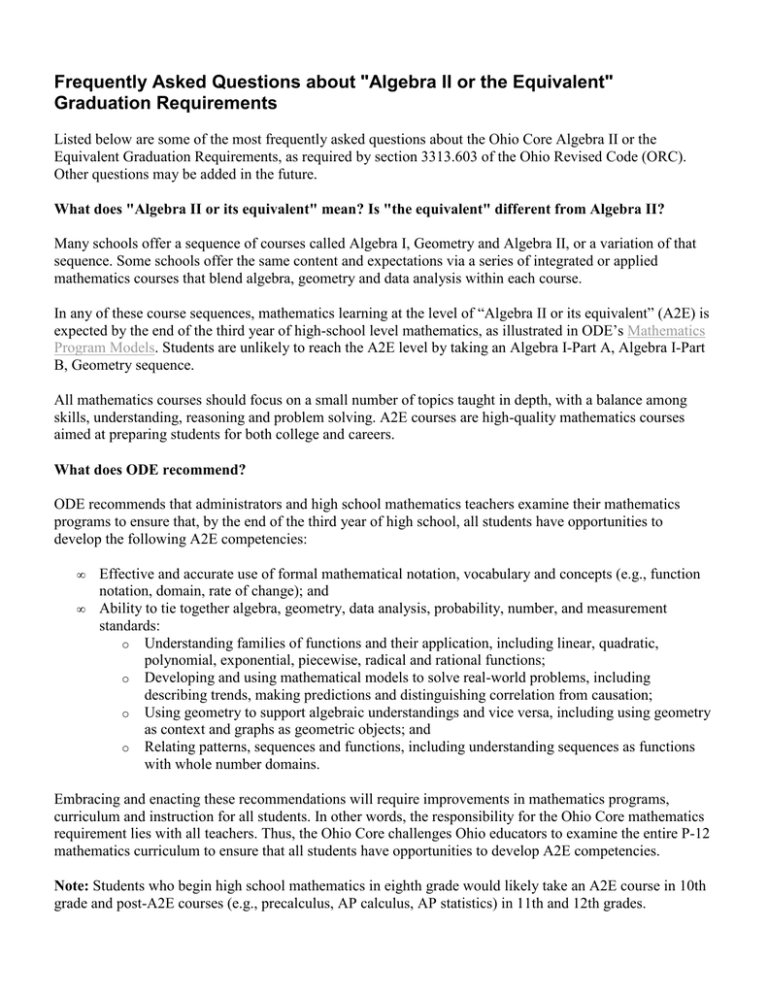 Core Curriculum Algebra II Requirements FAQ