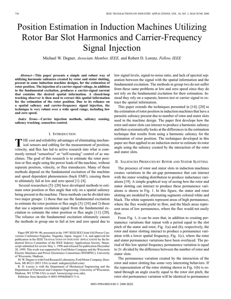 Position estimation in induction machines utilizing rotor bar slot