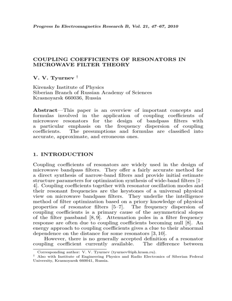 Coupling Coefficients In Microwave Filter Theory