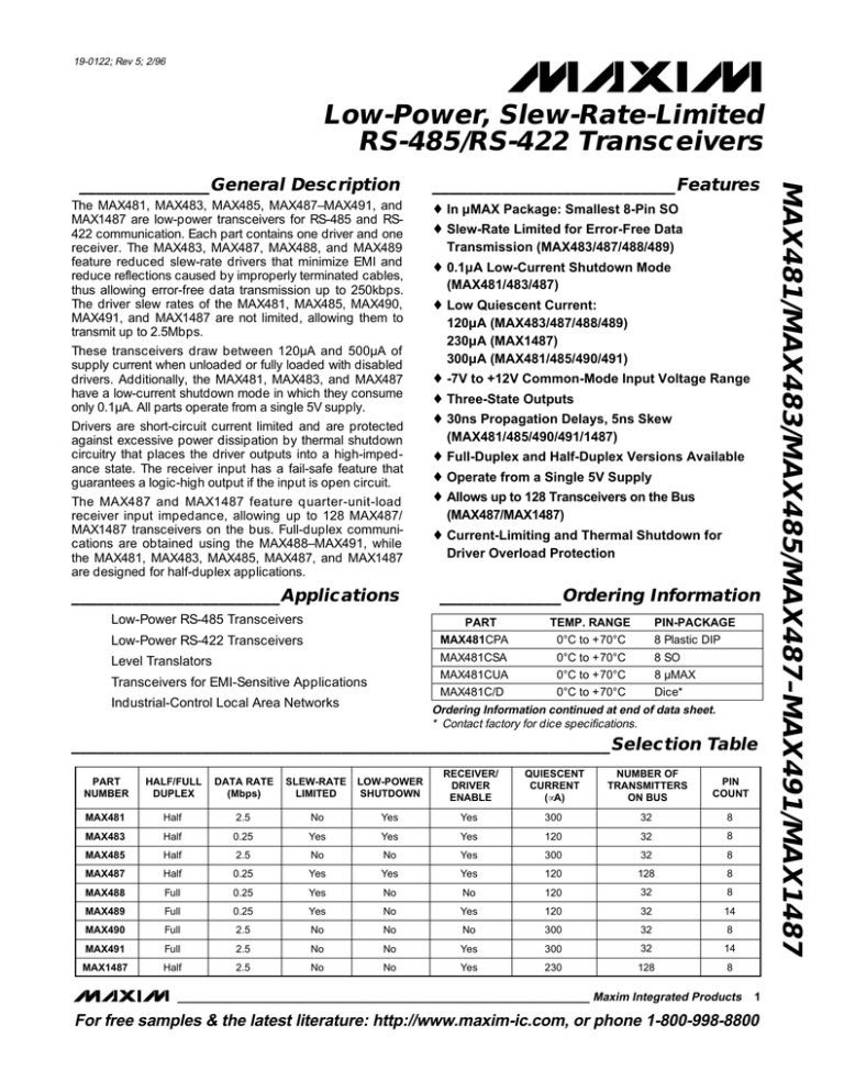 Low-Power, Slew-Rate-Limited RS-485/RS