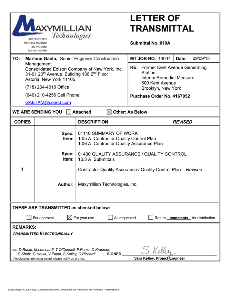 Kent Ave Remediation: Quality Control Plan & Transmittal