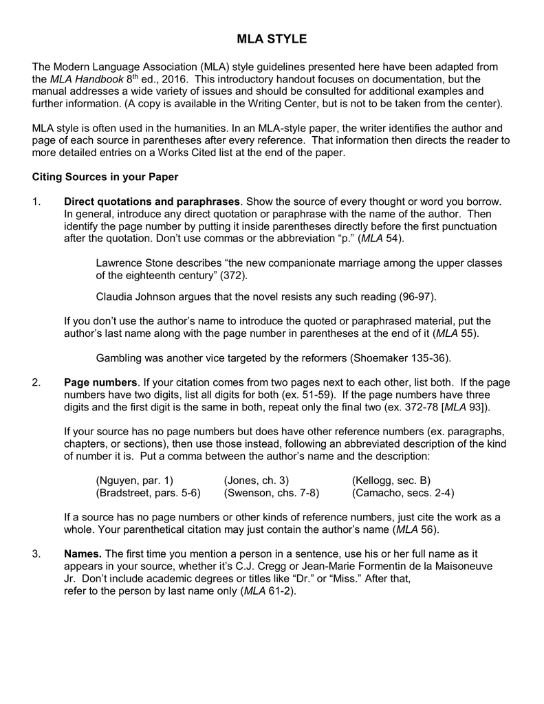 Mla 8 In Text Citation No Page Number Texte Pr f r 