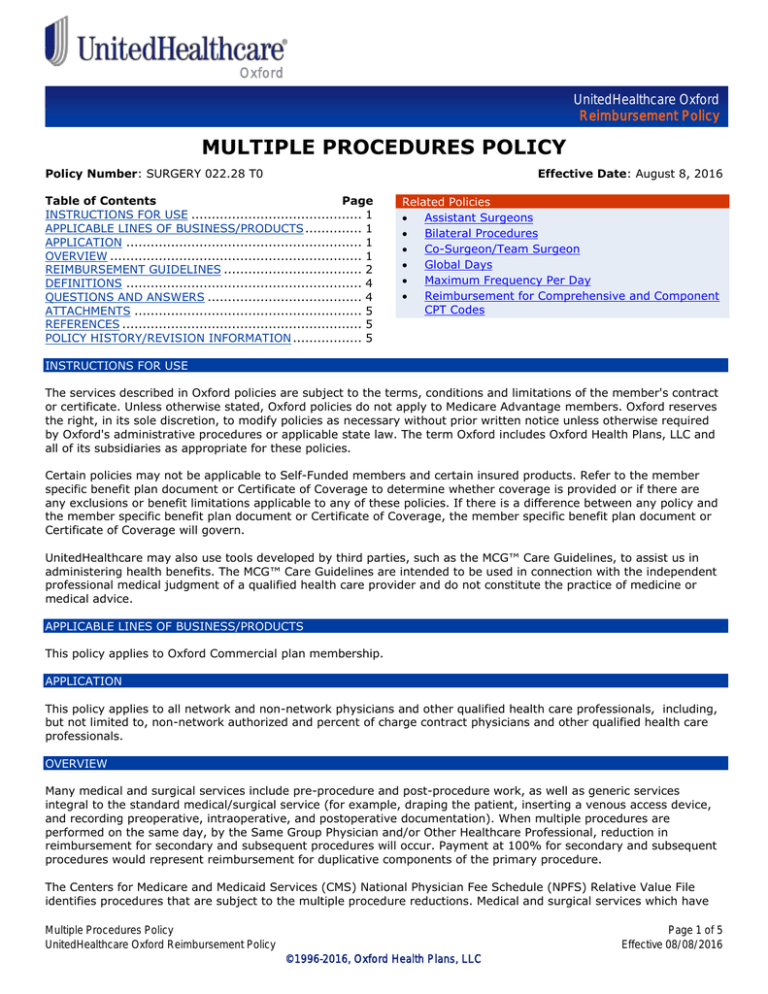 Multiple Procedures Oxford Health Plans