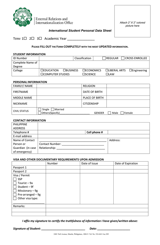 Personal Data Sheet International Student