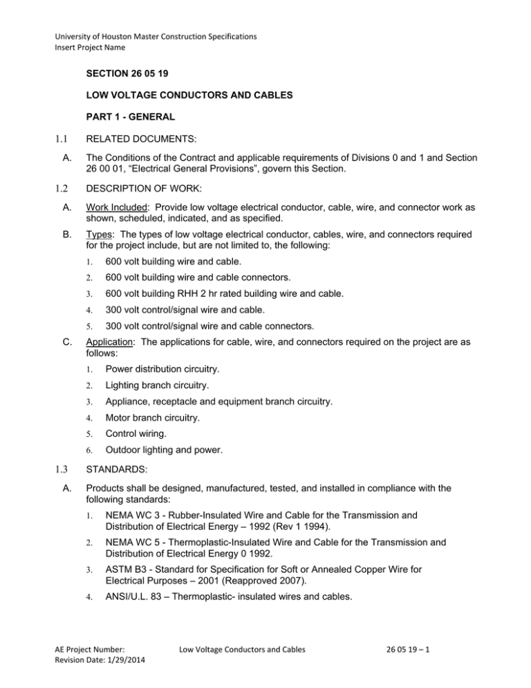 SECTION 26 05 19 LOW VOLTAGE CONDUCTORS AND CABLES