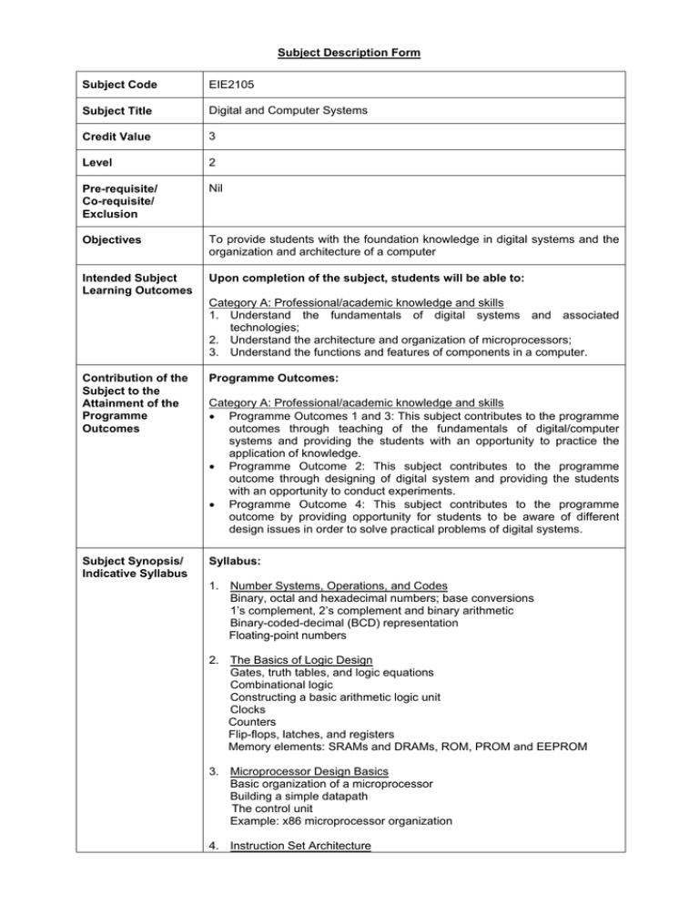 Subject Description Form Subject Code EIE2105 Subject Title Subject Description Form Subject Code EIE2105 Subject Title