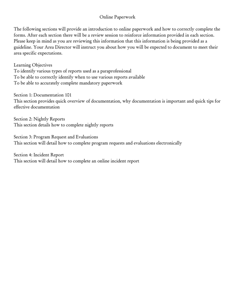 Online Paperwork The following sections will provide an introduction