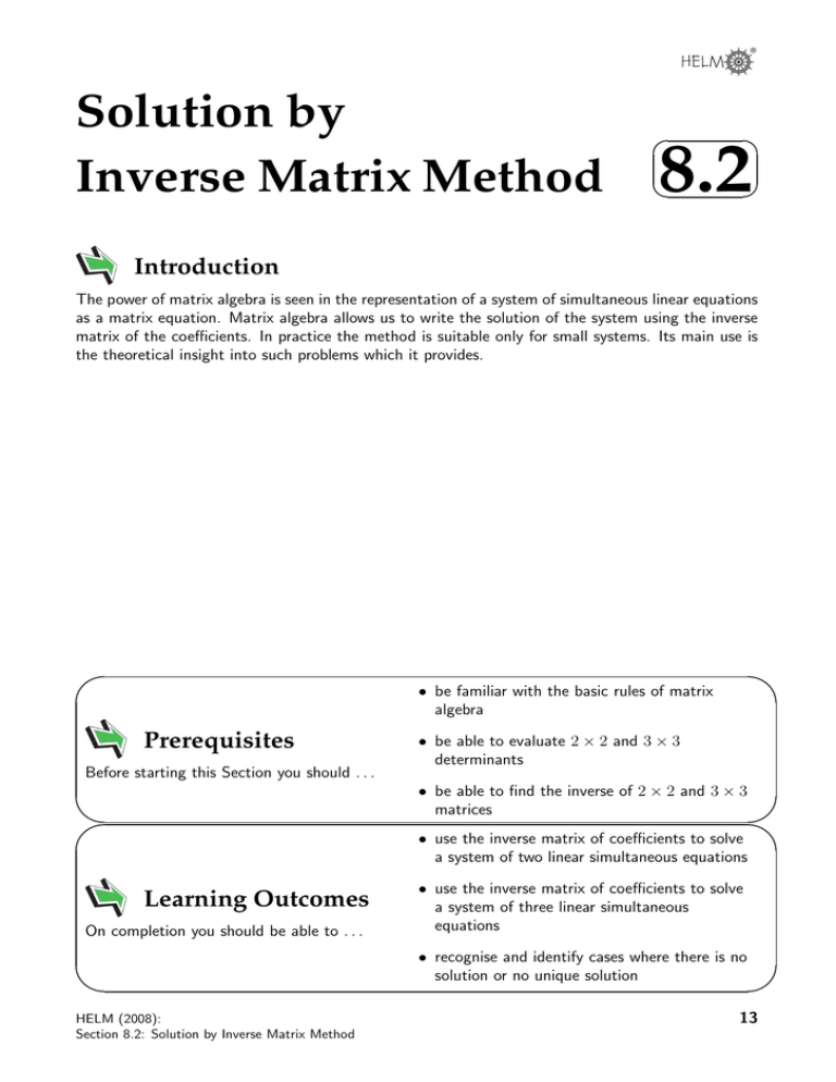 Solution By Inverse Matrix Method Solution By Inverse Matrix Method