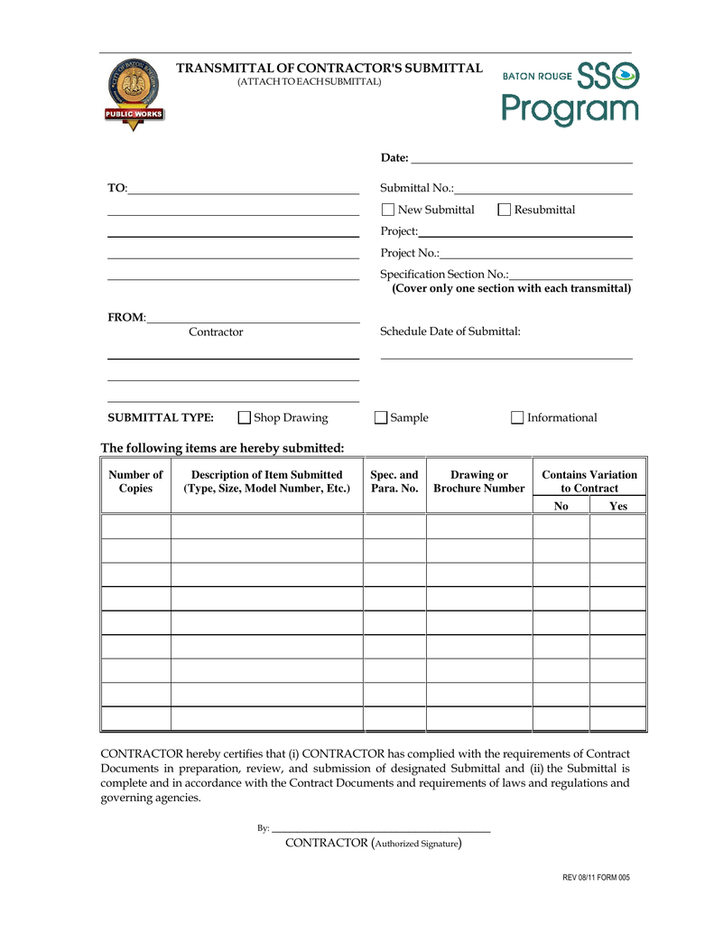 TRANSMITTAL OF CONTRACTOR S SUBMITTAL The Following TRANSMITTAL OF CONTRACTOR S SUBMITTAL The Following