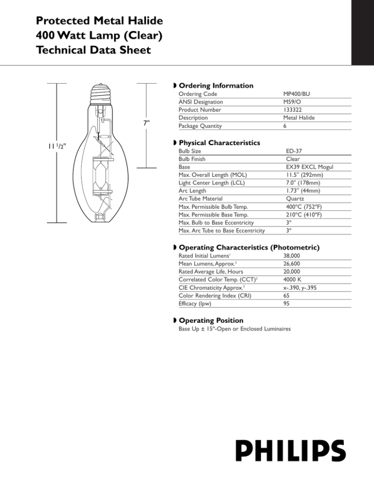 Protected Metal Halide 400 Watt Lamp (Clear) Technical Data