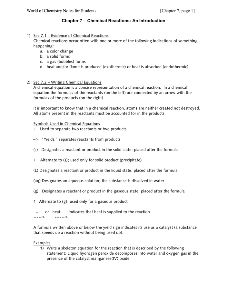 Chapter 7 Chemical Reactions An Introduction Chapter 7 Chemical Reactions An Introduction