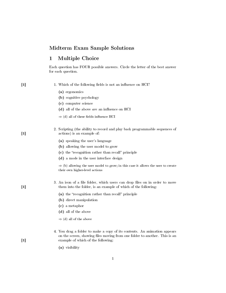 Midterm Exam Sample Solutions 1 Multiple Choice