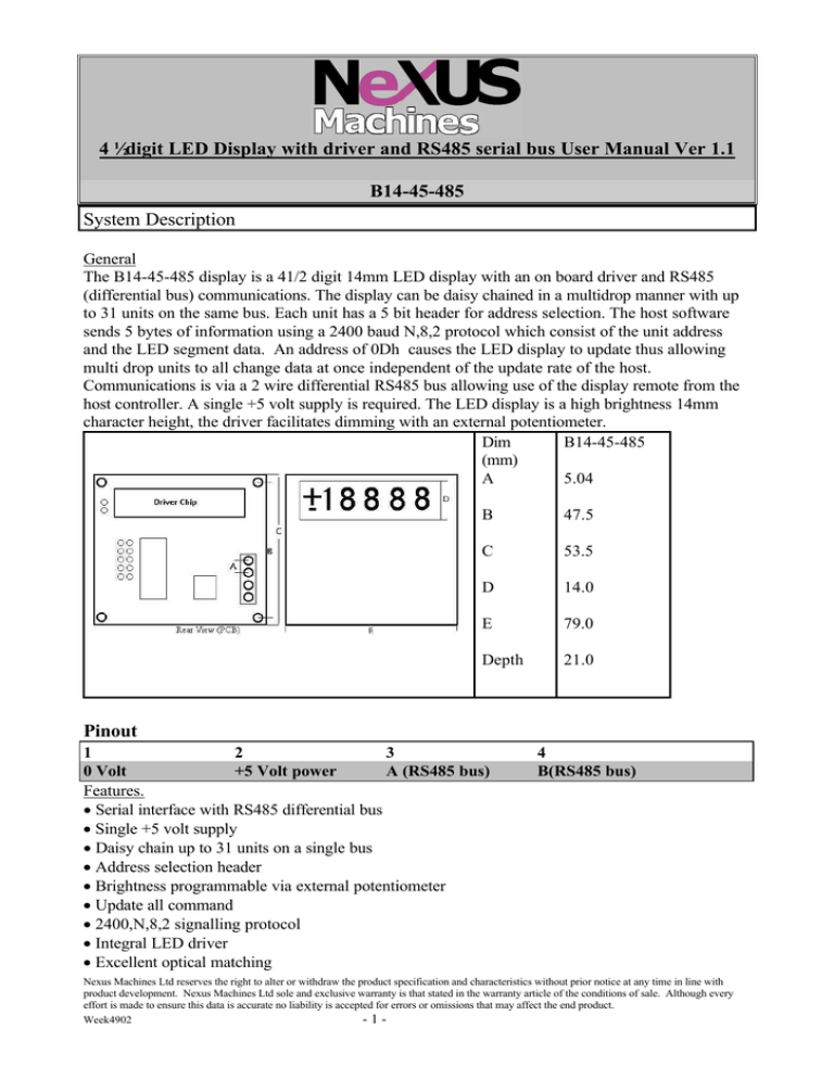 4 ½ digit LED Display with driver and RS485 serial bus