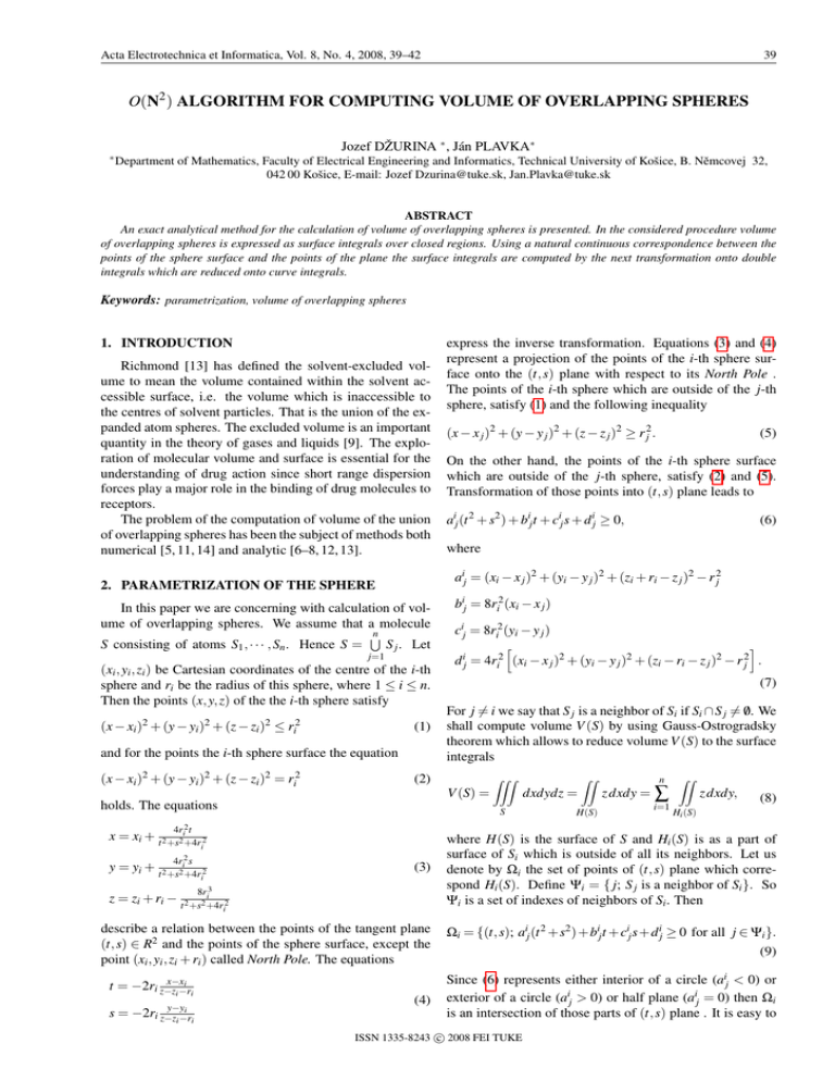 On2 Algorithm For Computing Of Volume Of Overlapping Spheres