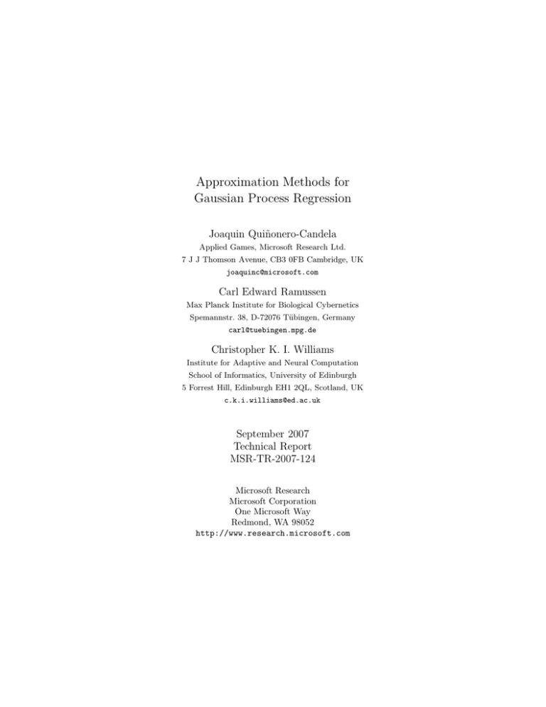 Approximation Methods for Gaussian Process Regression Approximation Methods for Gaussian Process Regression