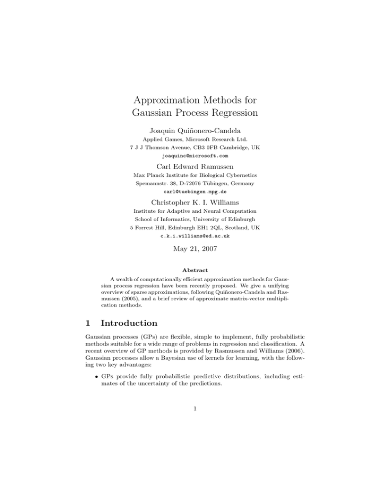 Approximation Methods for Gaussian Process Regression Approximation Methods for Gaussian Process Regression