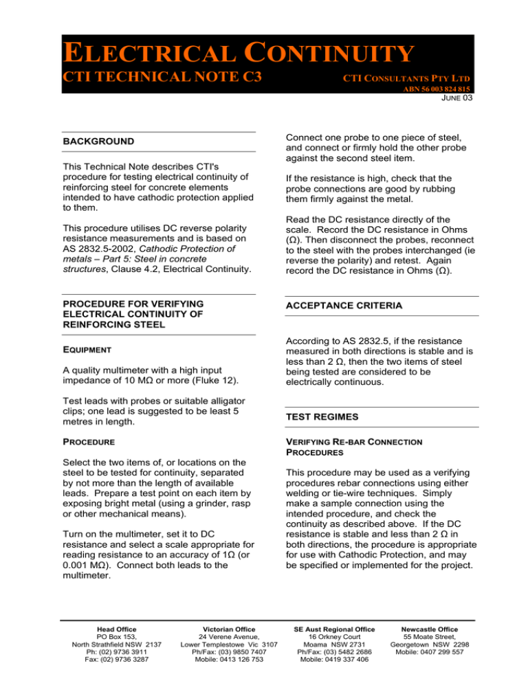 electrical continuity - CTI Consultants Pty Ltd