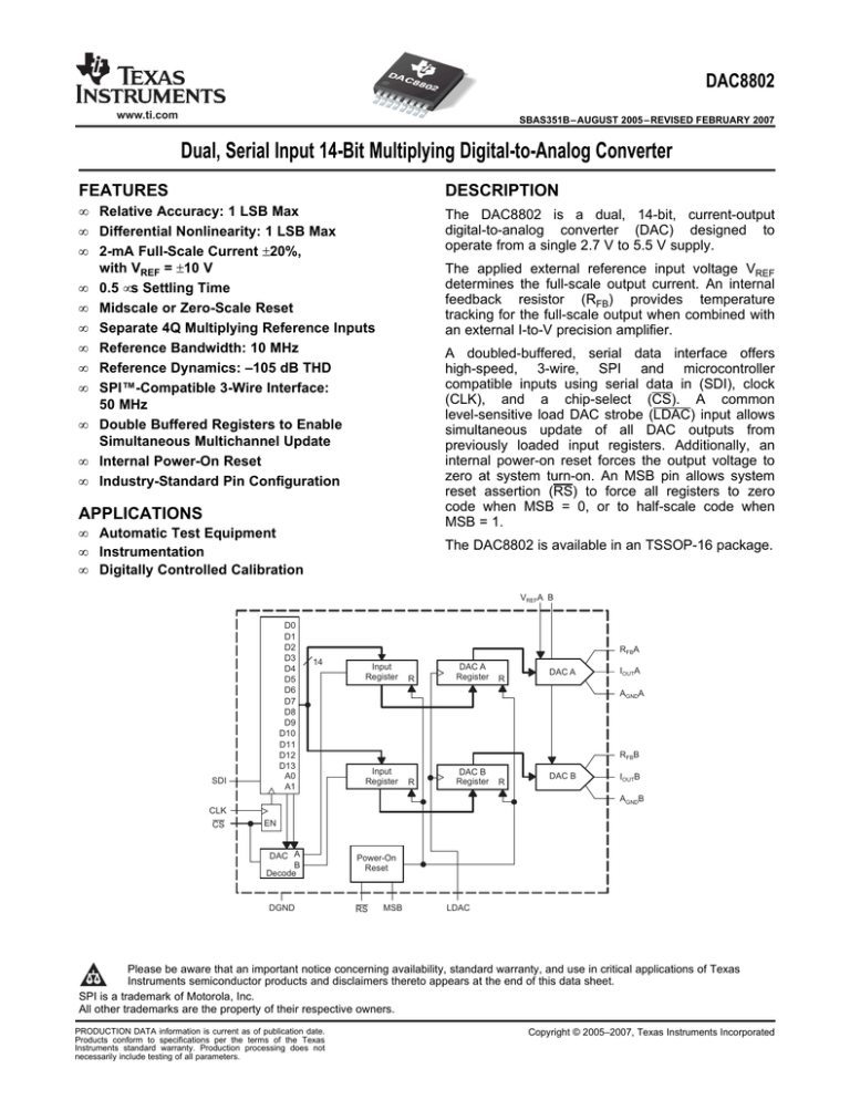 Dual, Serial Input 14-Bit Multiplying Digital-to