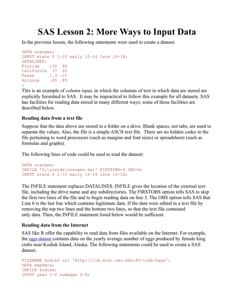 Sas Lesson 2 More Ways To Input Data