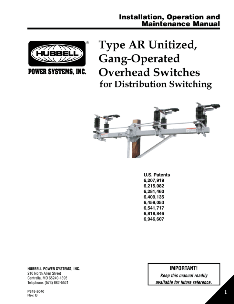 Hubbell Overhead Switch Installation & Maintenance Manual