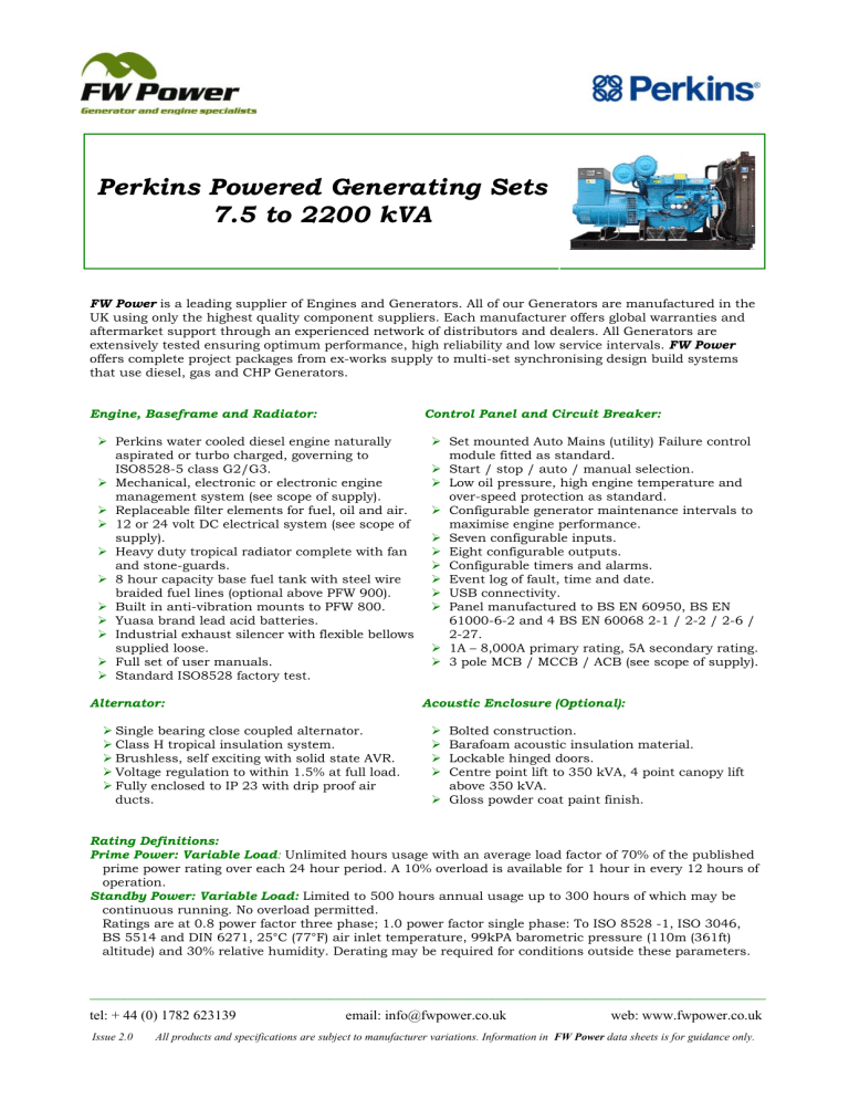 Perkins Powered Generating Sets 7.5 to 2200 kVA